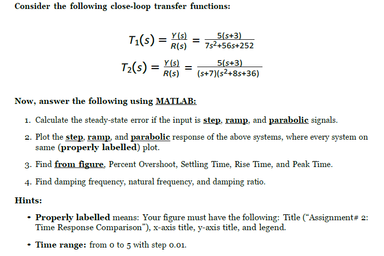 Solved Consider the following close-loop transfer functions: | Chegg.com