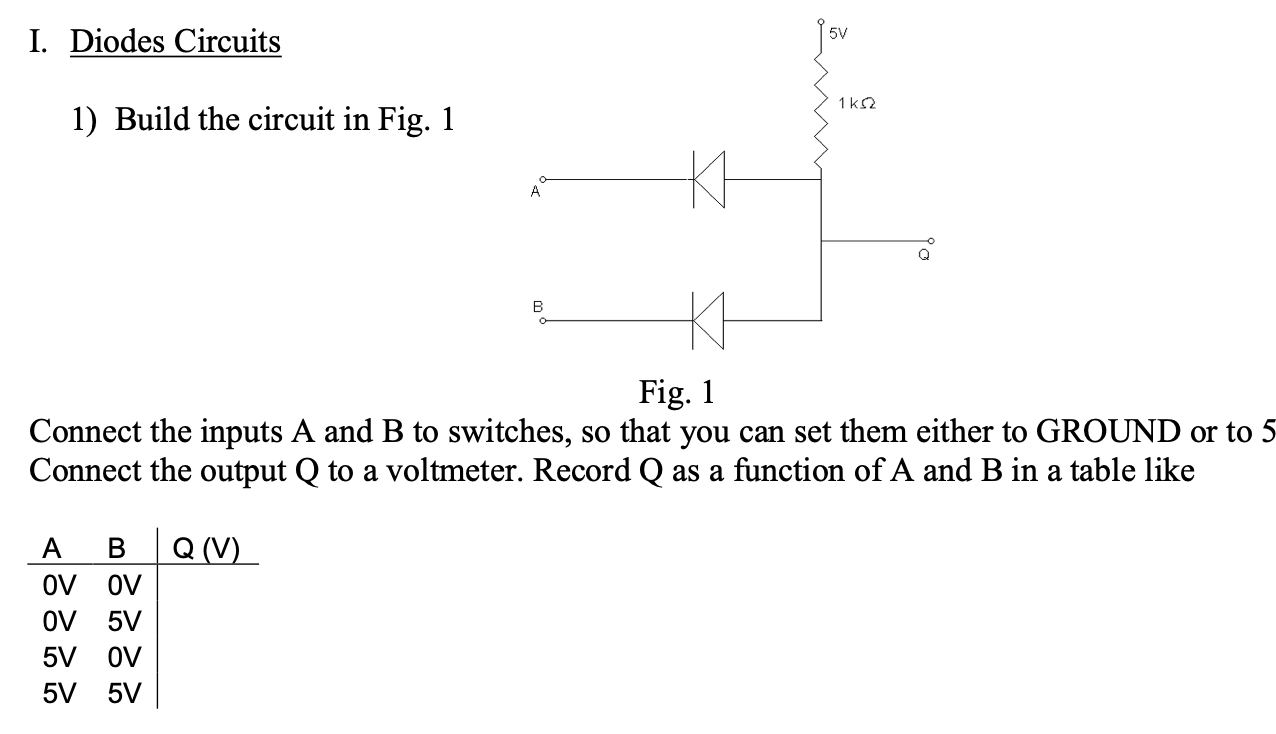 Solved 5V I. Diodes Circuits 1 k 2 1) Build the circuit in | Chegg.com