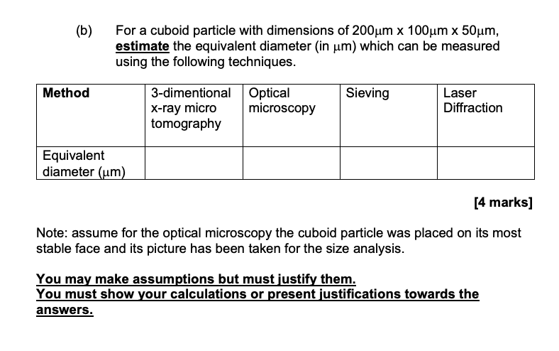 Solved (b) For a cuboid particle with dimensions of 200um x | Chegg.com