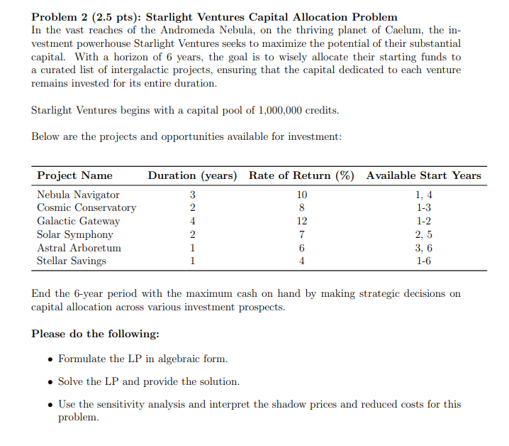 Solved Problem 2 (2.5 pts): Starlight Ventures Capital | Chegg.com