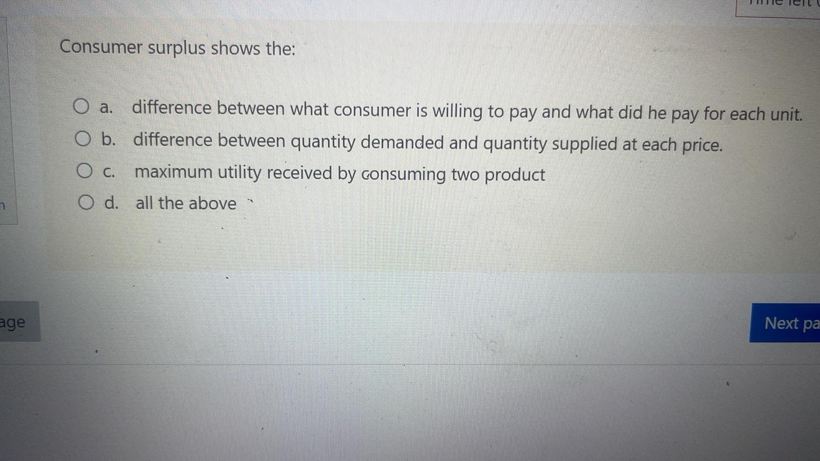 Solved Consumer surplus shows the:a. ﻿difference between | Chegg.com