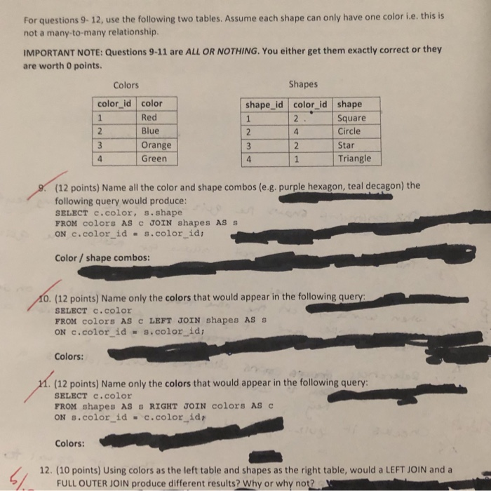 Solved For questions 9- 12, use the following two tables. | Chegg.com