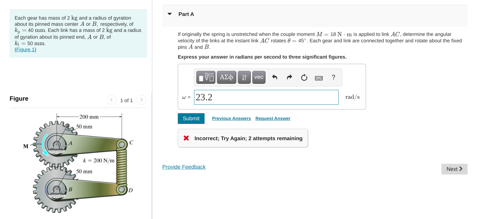 Solved Each gear has mass of 2 kg and a radius of gyration | Chegg.com