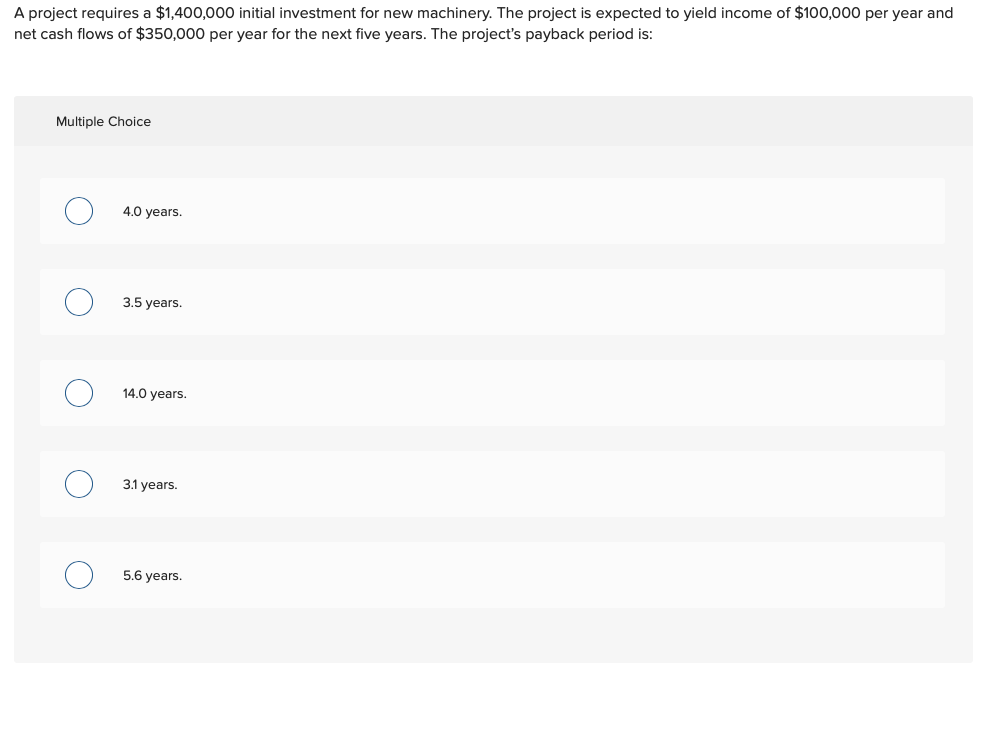 Solved A project requires a $1,400,000 initial investment | Chegg.com