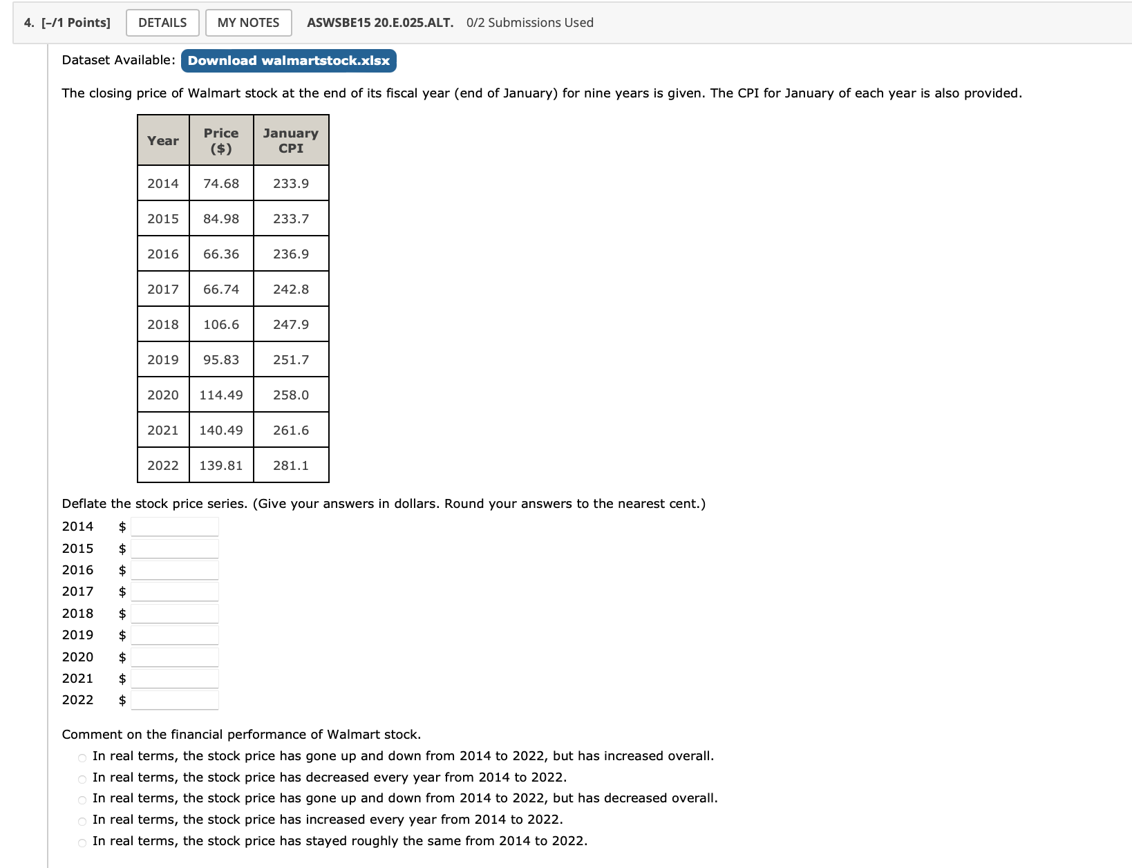 Solved Dataset Available: Download walmartstock.xlsx The | Chegg.com