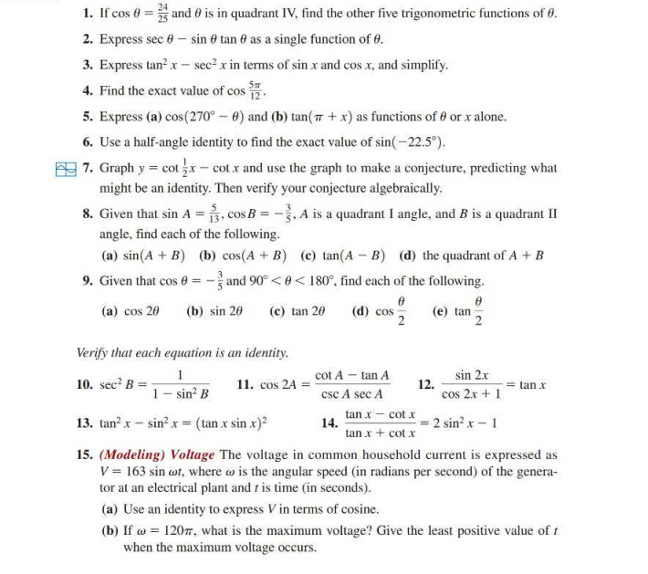 Solved 1. If cosθ=2524 and θ is in quadrant IV, find the | Chegg.com