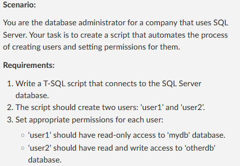 Solved SQL - ﻿I do not have permission to create users but I | Chegg.com