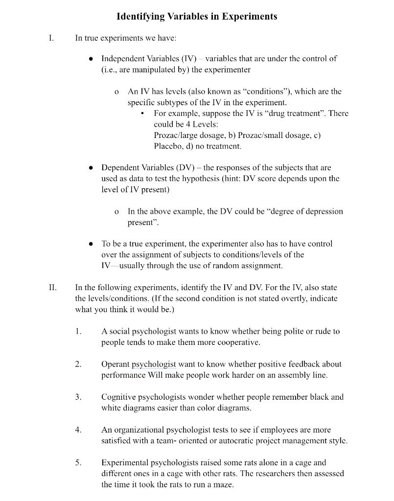 Solved Identifying Variables in Experiments I. In true | Chegg.com