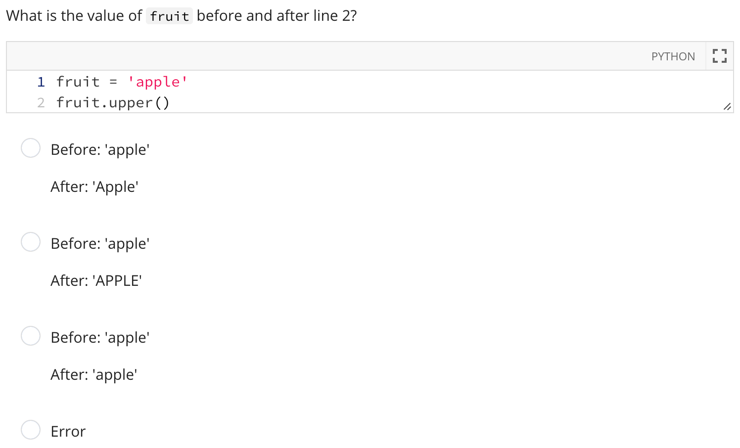 Solved What is the value of fruit before and after line 2? | Chegg.com