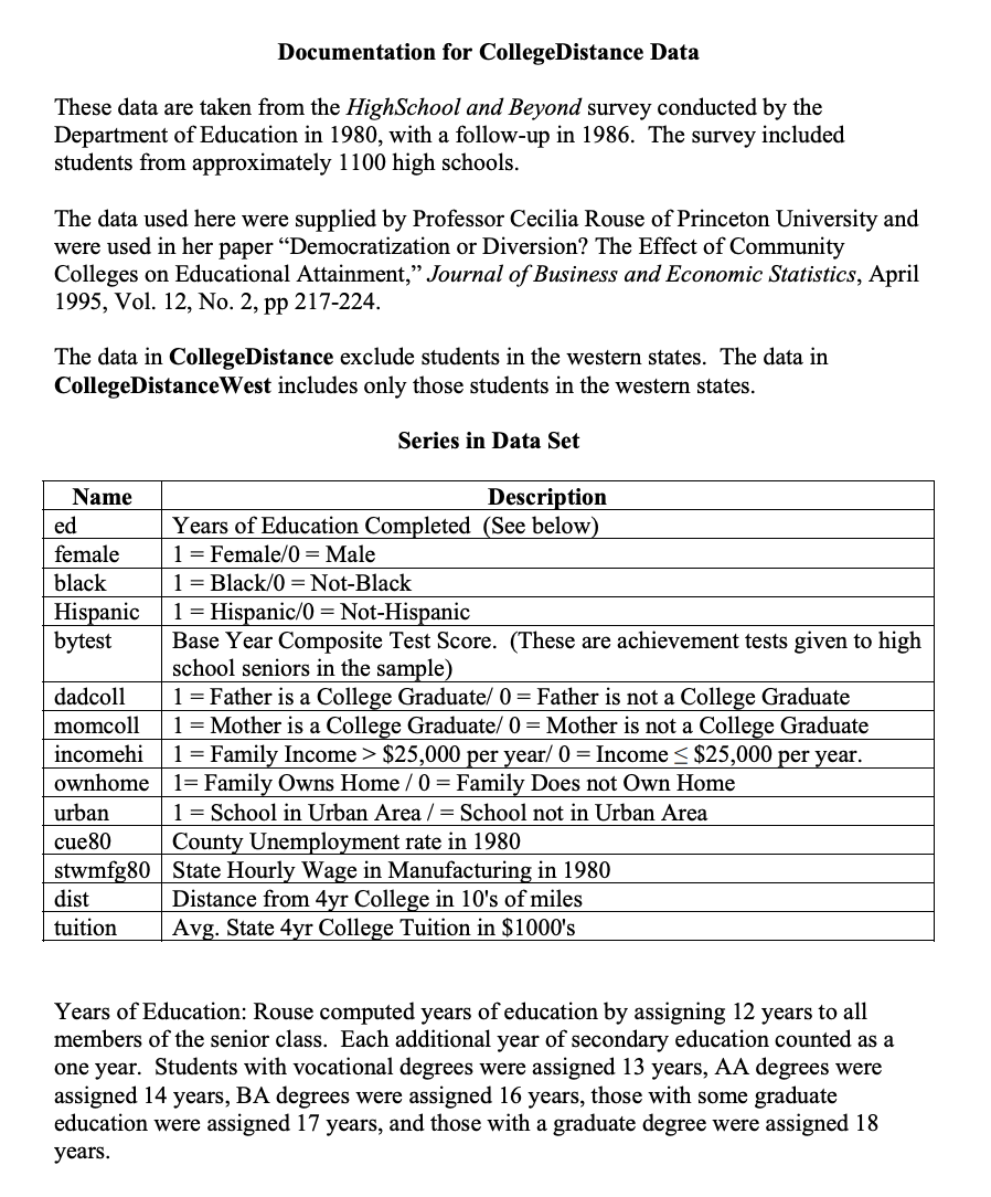 Solved Q5. Open the data “College Distance” and read the | Chegg.com