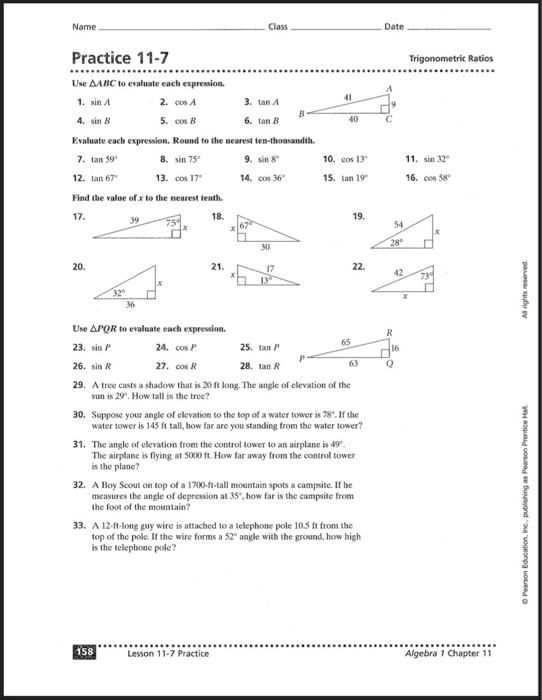 Solved Class Date Practice 11-7 Trigonometric Ratios Use | Chegg.com