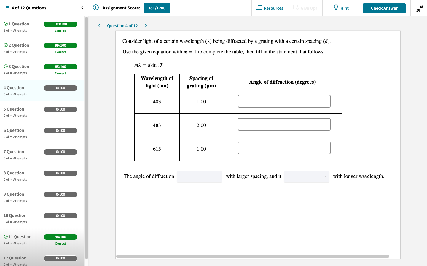 Solved Give Up? Hint E 4 of 12 Questions Assignment Score: | Chegg.com