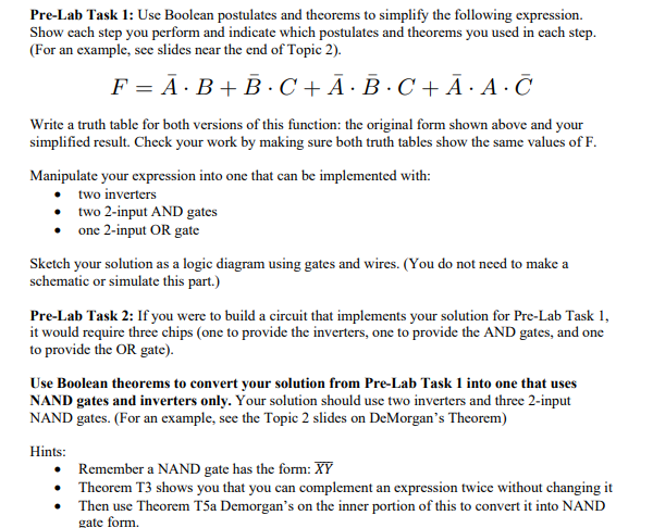 Solved Pre-Lab Task 1: Use Boolean postulates and theorems | Chegg.com