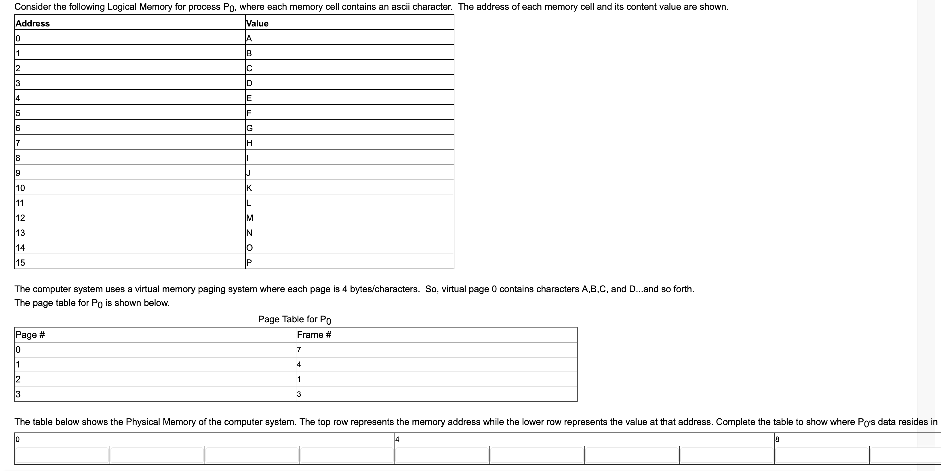 Solved The table below shows the Physical Memory of the | Chegg.com