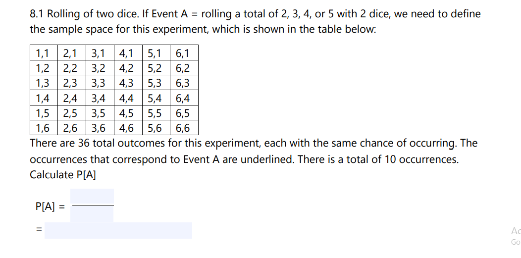 Solved 8.1 Rolling of two dice. If Event A= rolling a total | Chegg.com