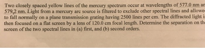 Solved Two closely spaced yellow lines of the mercury | Chegg.com