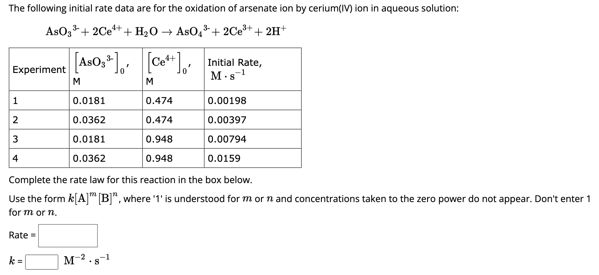 Solved The following initial rate data are for the oxidation | Chegg.com