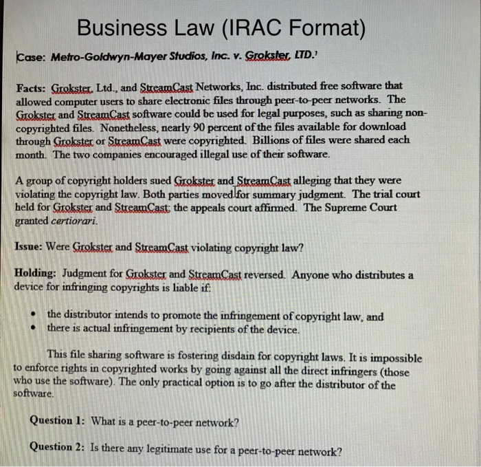 Solved Business Law (IRAC Format) Case: Metro-Goldwyn-Mayer | Chegg.com