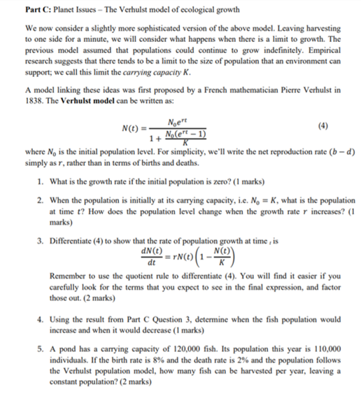 Solved Part C: Planet Issues - The Verhulst model of | Chegg.com