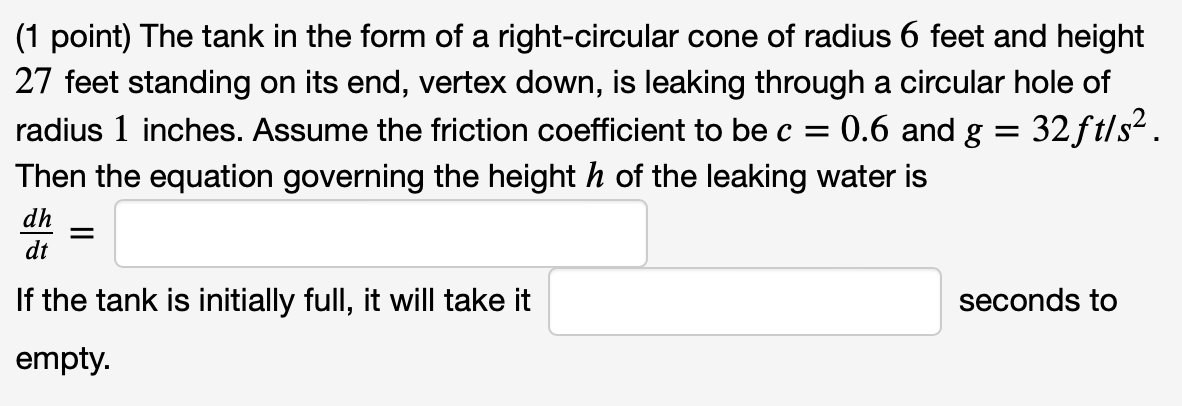 Solved (1 point) The tank in the form of a right-circular | Chegg.com