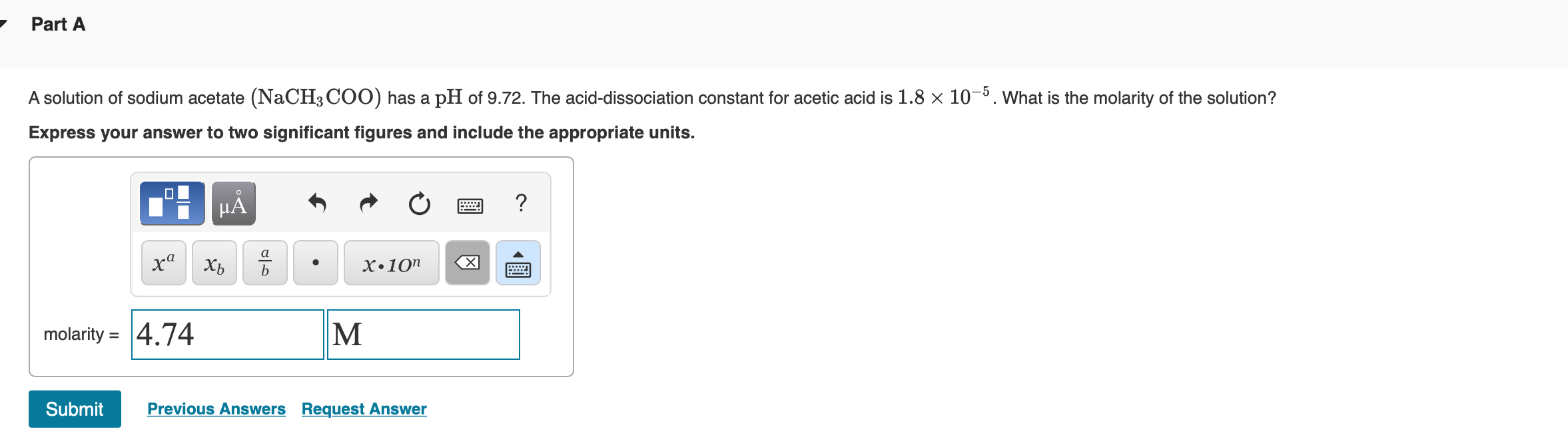Solved Part A A solution of sodium acetate (NaCH3COO) has a | Chegg.com