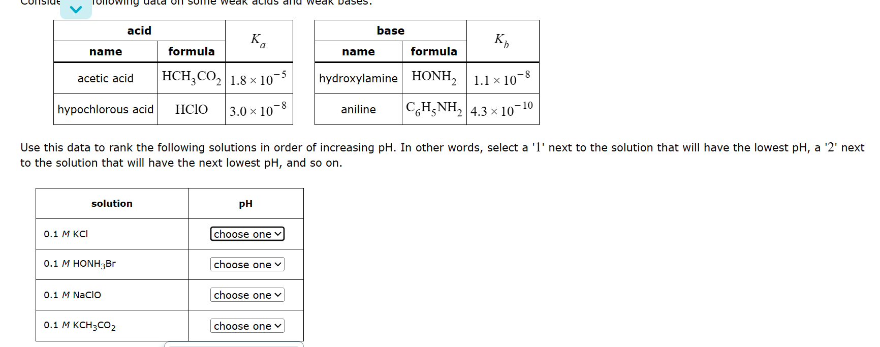 Solved Use this data to rank the following solutions in | Chegg.com
