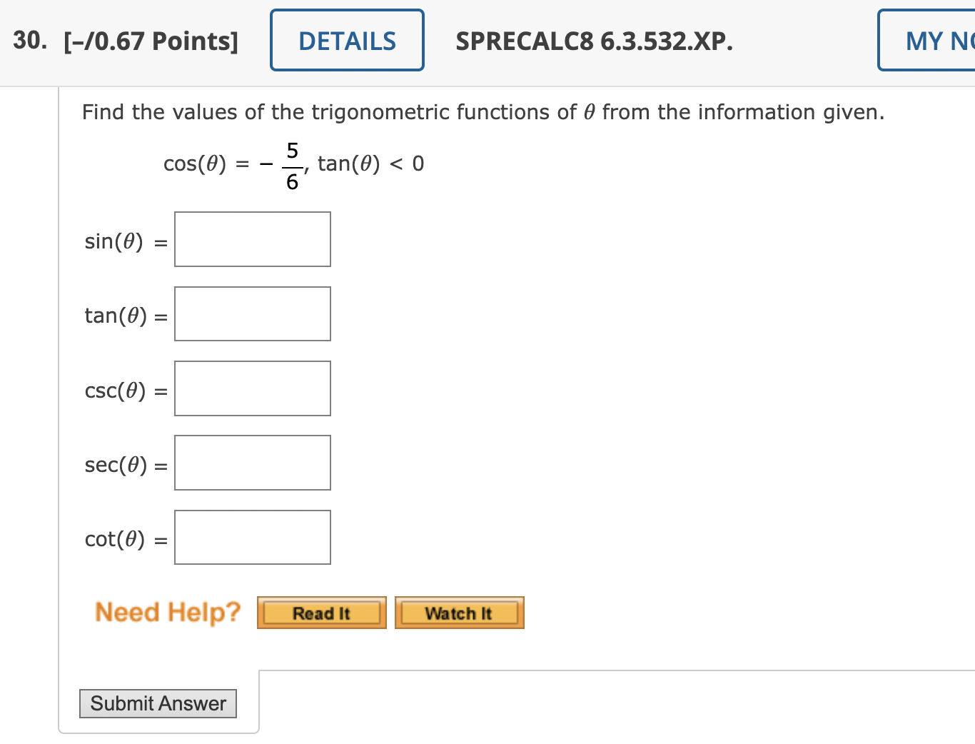 Solved Find the values of the trigonometric functions of θ | Chegg.com