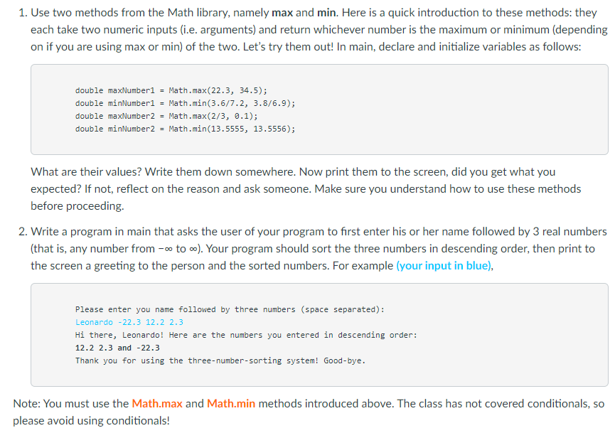 Solved 1. Use two methods from the Math library, namely max | Chegg.com