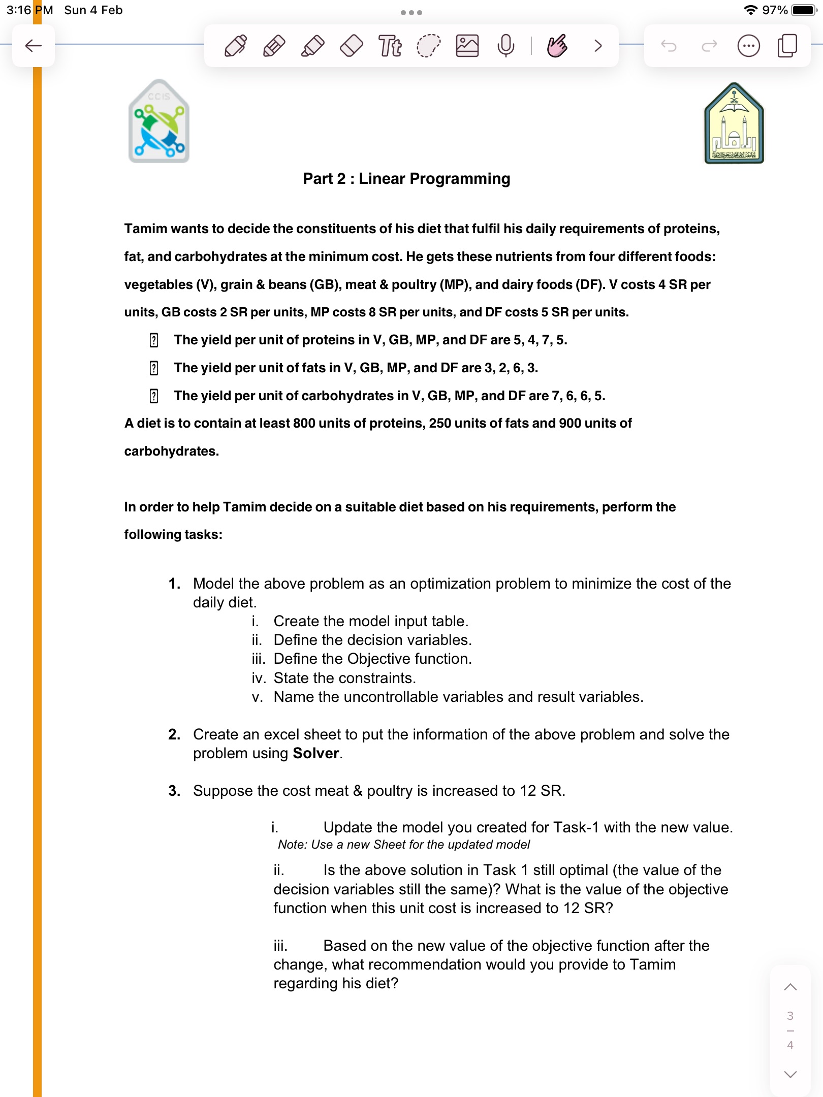 Solved Part 2 ﻿: Linear ProgrammingTamim wants to decide the | Chegg.com