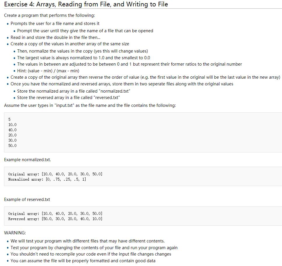 Exercise 4: Arrays, Reading from File, and Writing to | Chegg.com