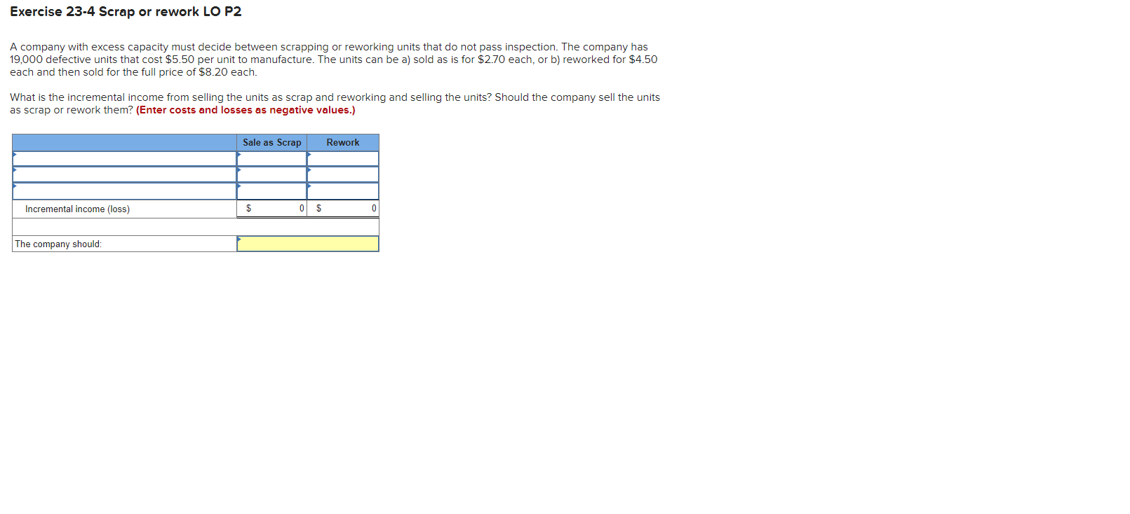 Solved Exercise 23-4 Scrap or rework LO P2 A company with | Chegg.com