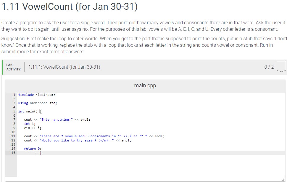 Solved 111 Vowelcount For Jan 30 31 Create A Program To