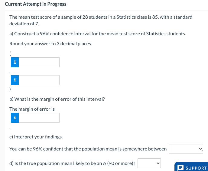 Solved The mean test score of a sample of 28 ﻿students in a | Chegg.com
