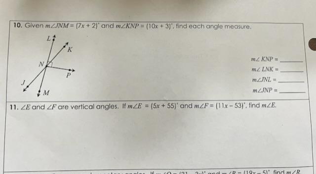 Solved 10. Given m∠INM=(7x+2)∘ and m∠KNP=(10x+3)′, find each | Chegg.com