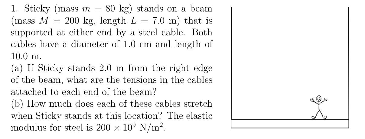 Solved 1. Sticky (mass m=80 kg) stands on a beam (mass M=200 | Chegg.com