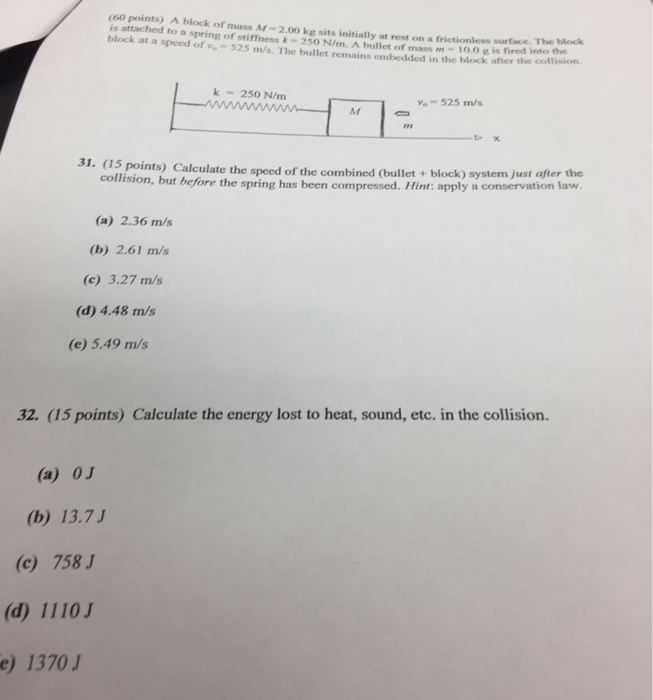 Solved (60 points) A block of mass M 2.00 kg sits initially | Chegg.com