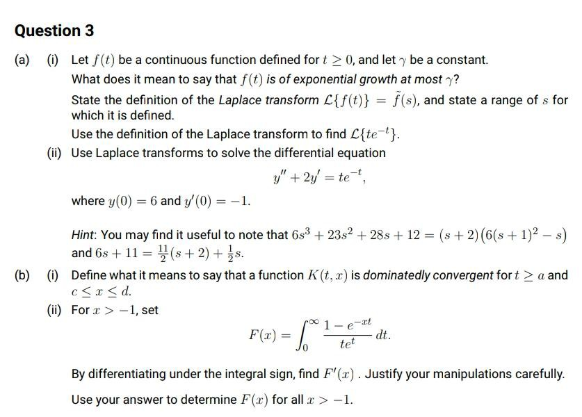Solved Question 3 (a) () Let f(t) be a continuous function | Chegg.com