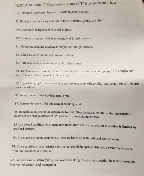Solved TRUE/FALSE. Write "T" if the statement is true or "F" | Chegg.com
