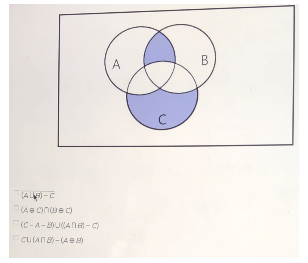 Solved A B (AUB) -C cn (AUB) (A -C) U (B-C) ( AC) n( BC) B | Chegg.com