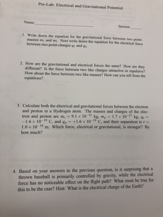 Solved Pre-Lab: Electrical and Gravitational Potential Name: | Chegg.com
