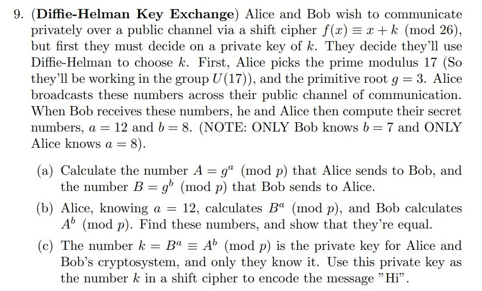 Solved 9. (Diffie-Helman Key Exchange) Alice and Bob wish to | Chegg.com