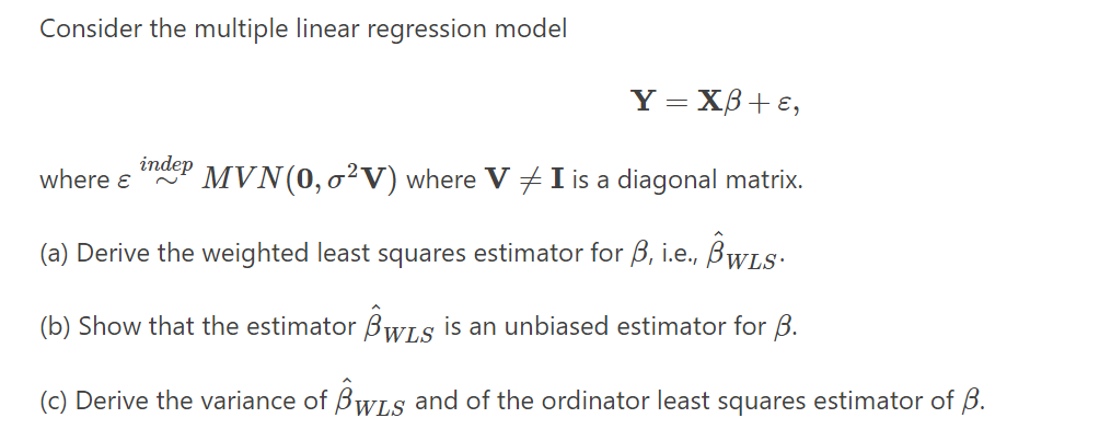 Consider the multiple linear regression model Y=Xβ+ε, | Chegg.com