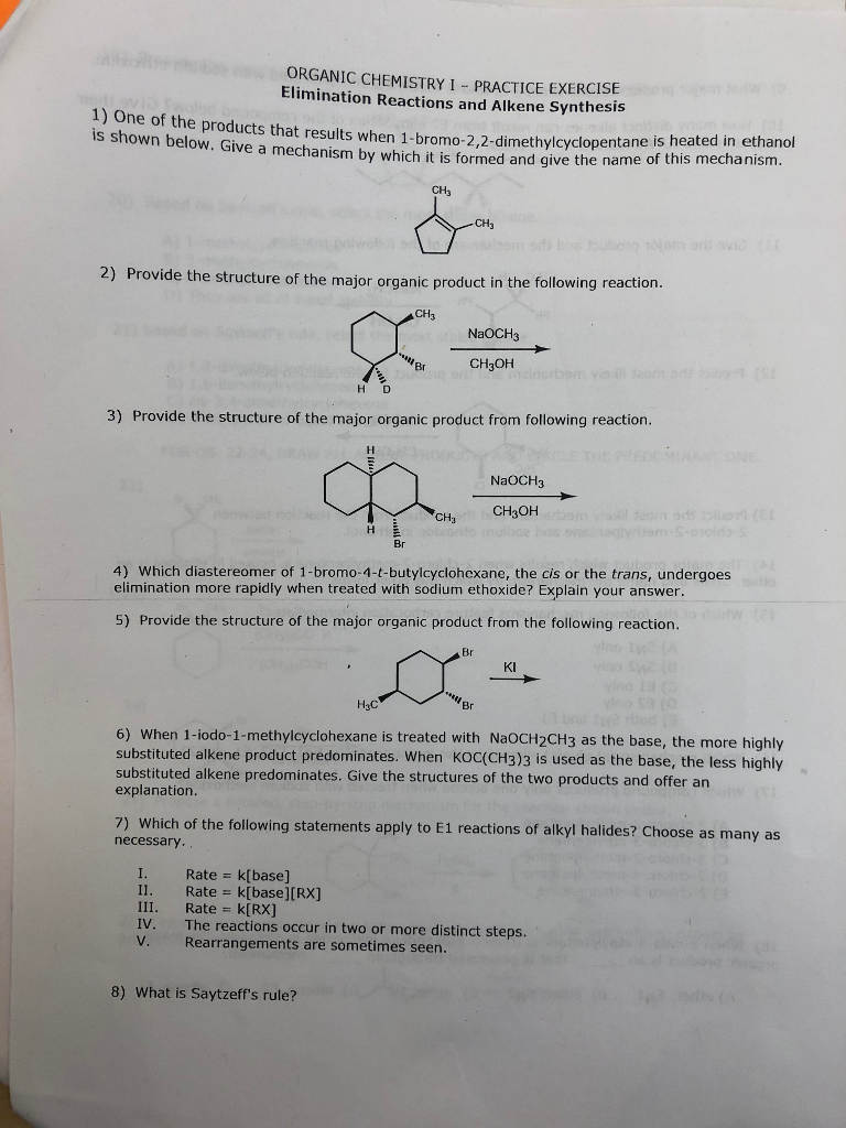 Solved ORGANIC CHEMISTRY I PRACTICE EXERCISE Elimination | Chegg.com