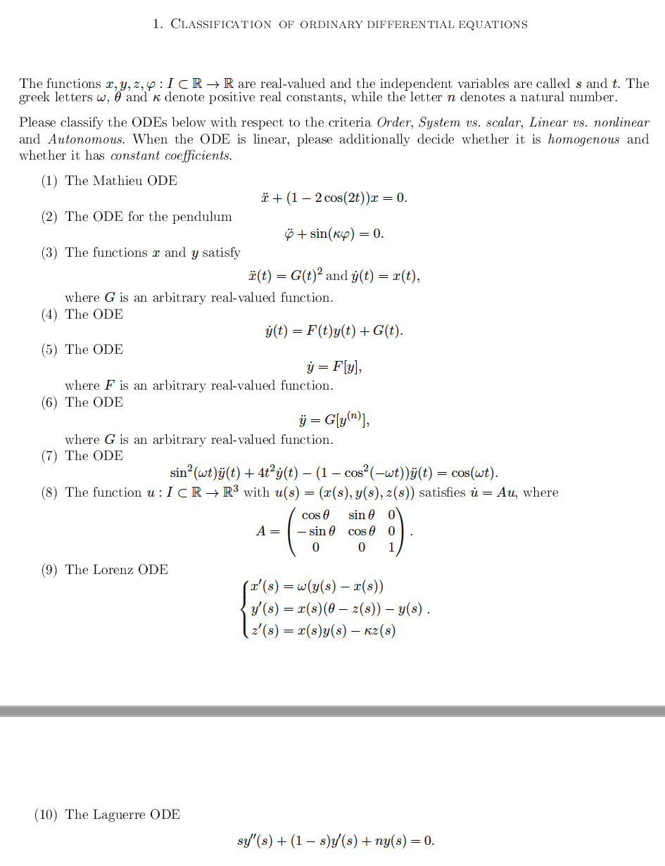 Solved 1. CLASSIFICATION OF ORDINARY DIFFERENTIAL EQUATIONS | Chegg.com