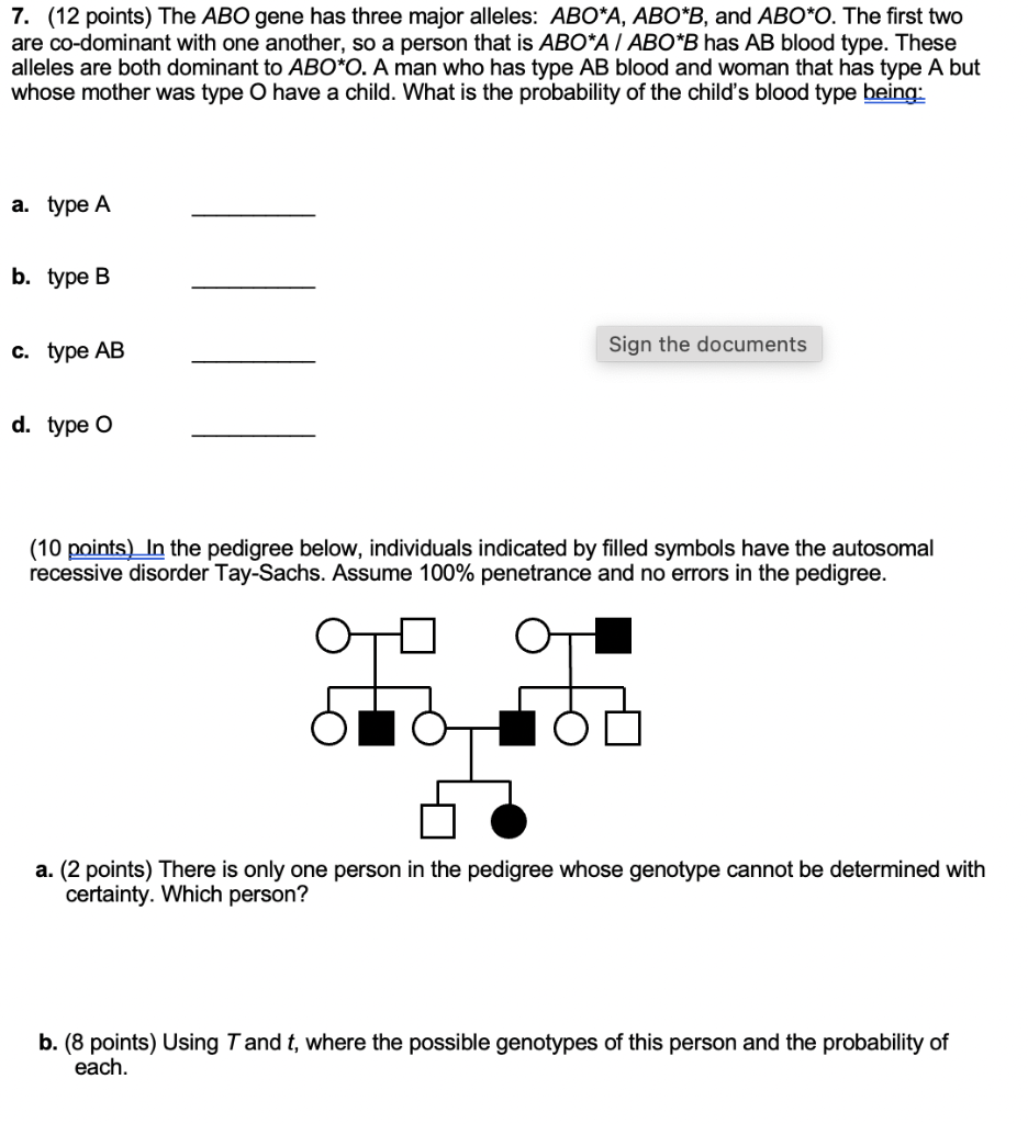 Solved 7. (12 points) The ABO gene has three major alleles: | Chegg.com