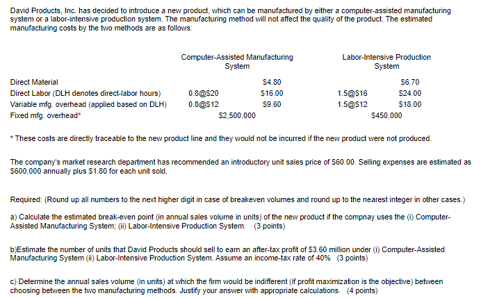 David Products, Inc. has decided to introduce a new | Chegg.com