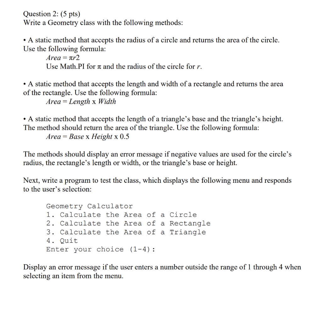 Solved Question 2: (5 pts) Write a Geometry class with the | Chegg.com