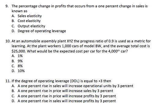 Solved 9. The percentage change in profits that occurs from | Chegg.com