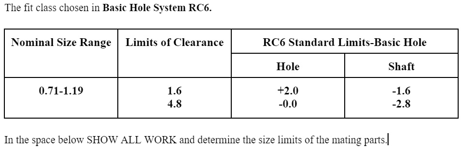Solved The fit class chosen in Basic Hole System RC6. In the | Chegg.com