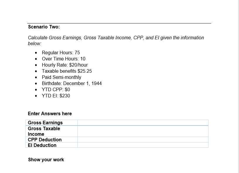 Calculate Gross Earnings, Gross Taxable Income, CPP, | Chegg.com